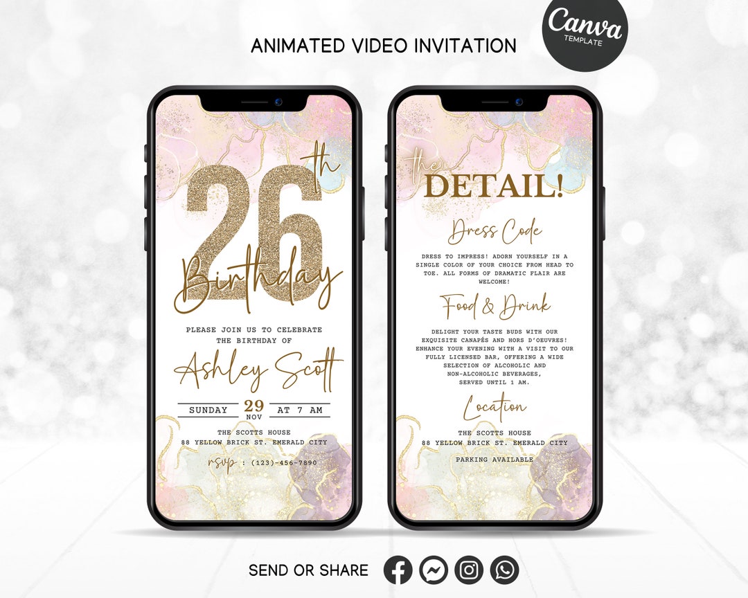 26th Birthday Invitation Video Animated, Digital 26th Birthday Party ...
