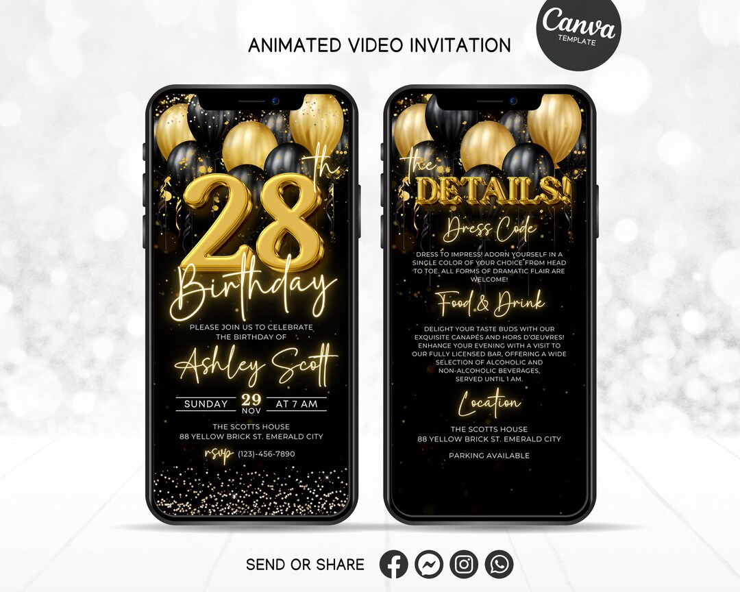 28th Birthday Invitation, Animated 28th Birthday Party Invite, Digital ...