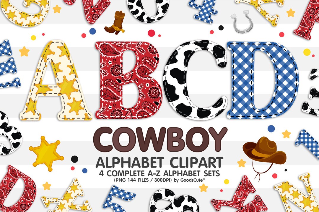 Cowboy Alphabet Sublimation Clipart PNG, Number & A-Z Upper Case Font ...