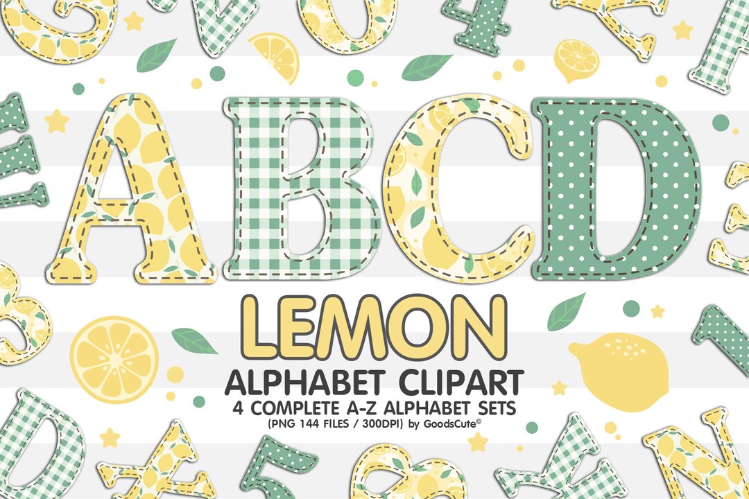 Lemon Doodle Alphabet Sublimation Clipart PNG, Number & A-Z Upper Case ...