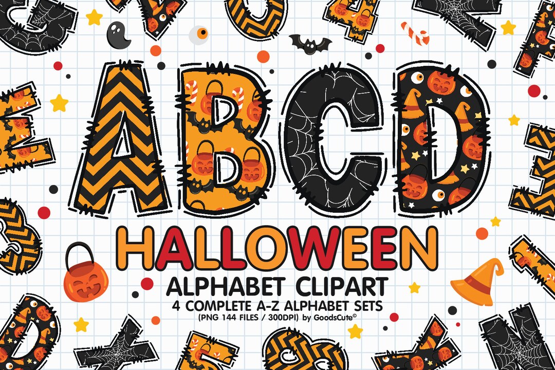 Spooky Halloween Doodle Alphabet Sublimation Clipart PNG, Number & A-Z ...