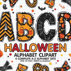 Spooky Halloween Doodle Alphabet Sublimation Clipart PNG, Number & A-Z ...