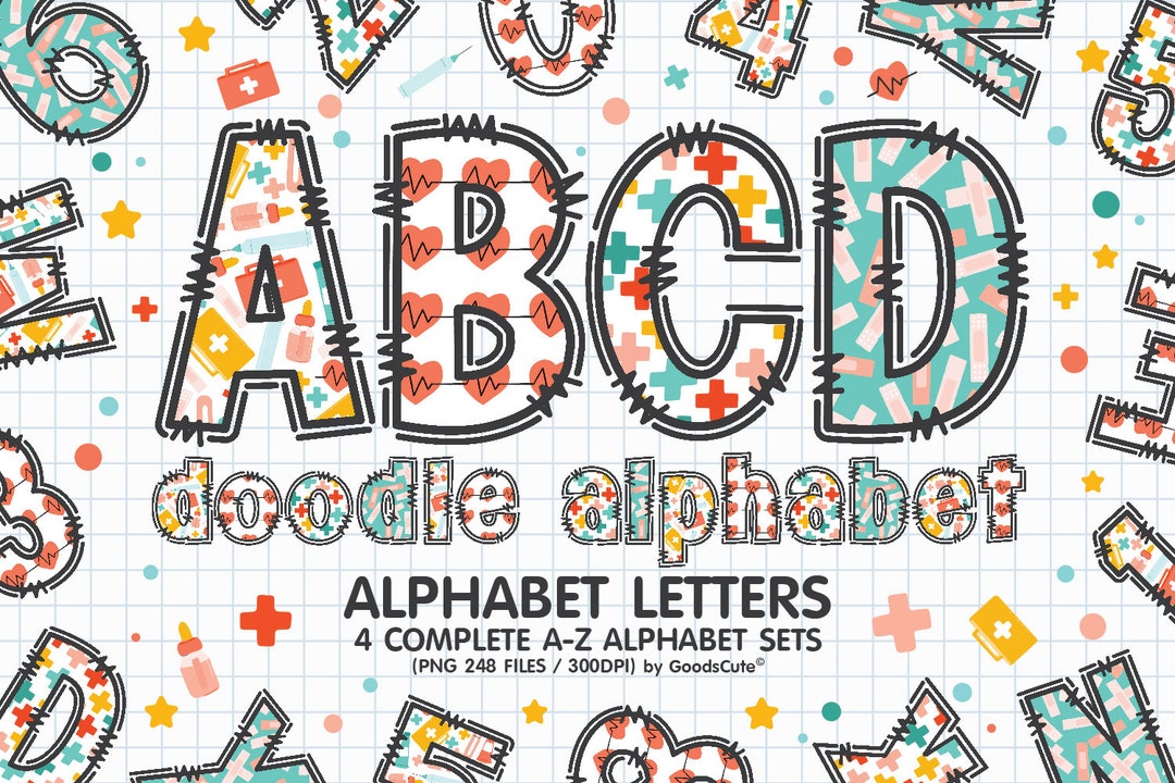 Medical Doodle Alphabet Letters Sublimation Clipart PNG, Number & A-Z ...