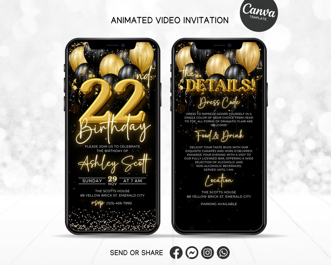 22nd Birthday Invitation, Animated Birthday Video Invitation, 22nd ...