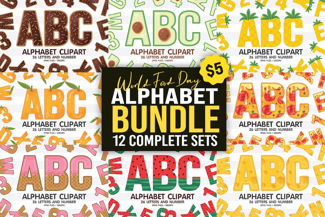 Food Alphabet Sublimation Clipart PNG, Number & A-Z Upper Case Font ...