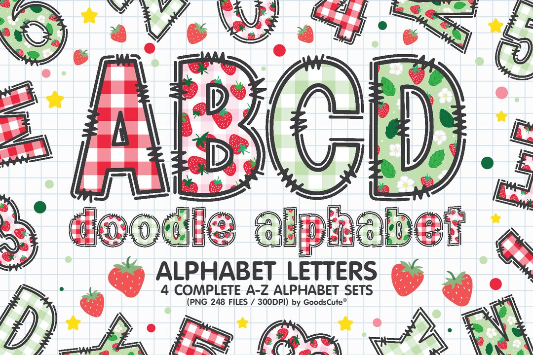 Strawberry Doodle Alphabet Letters Sublimation Clipart PNG, Number & A ...