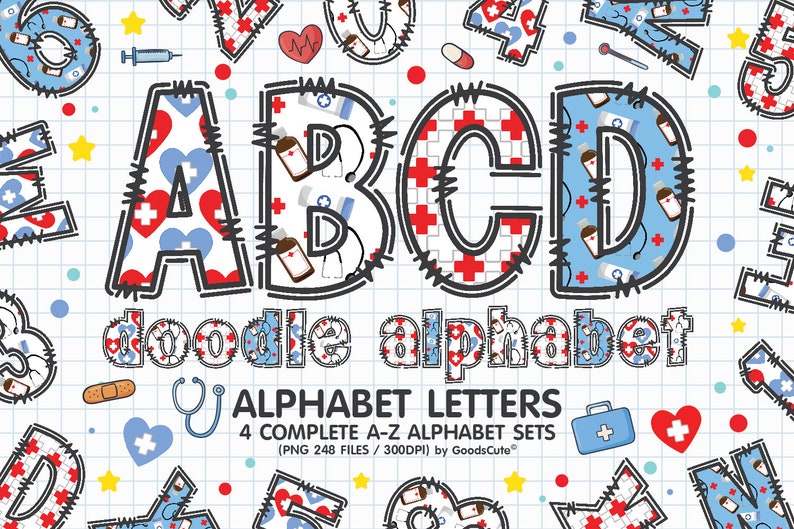Paramedic Doodle Alphabet Letters Sublimation Clipart PNG, Number & A-Z ...