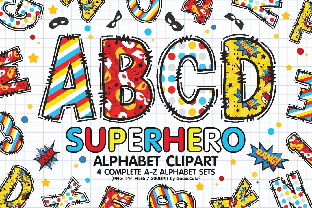 Superhero Doodle Alphabet Sublimation Clipart PNG, Number & A-Z Upper ...