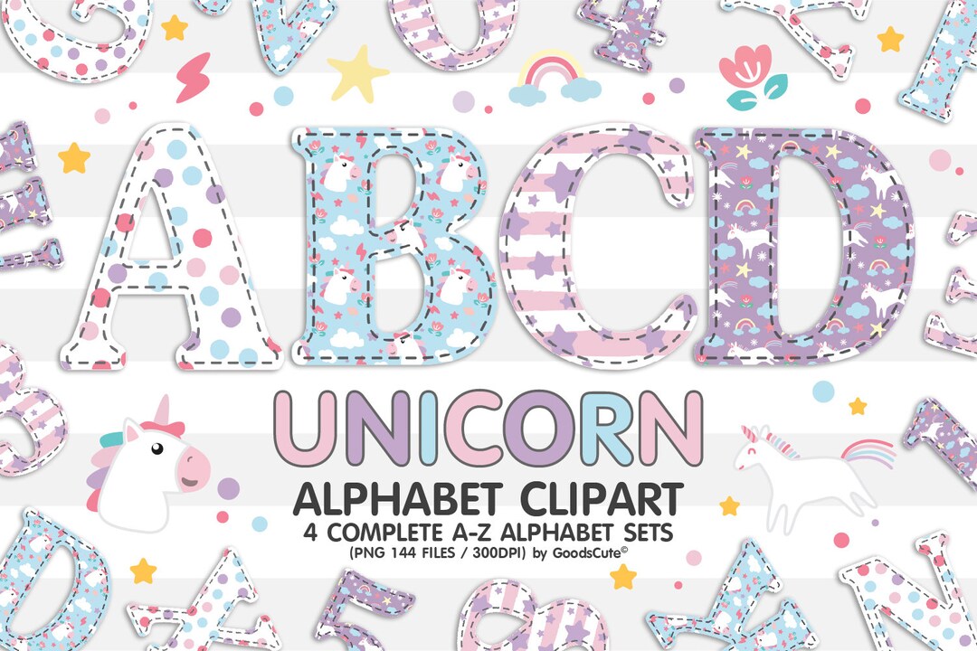 Unicorn Doodle Alphabet Sublimation Clipart PNG, Number & A-Z Upper ...