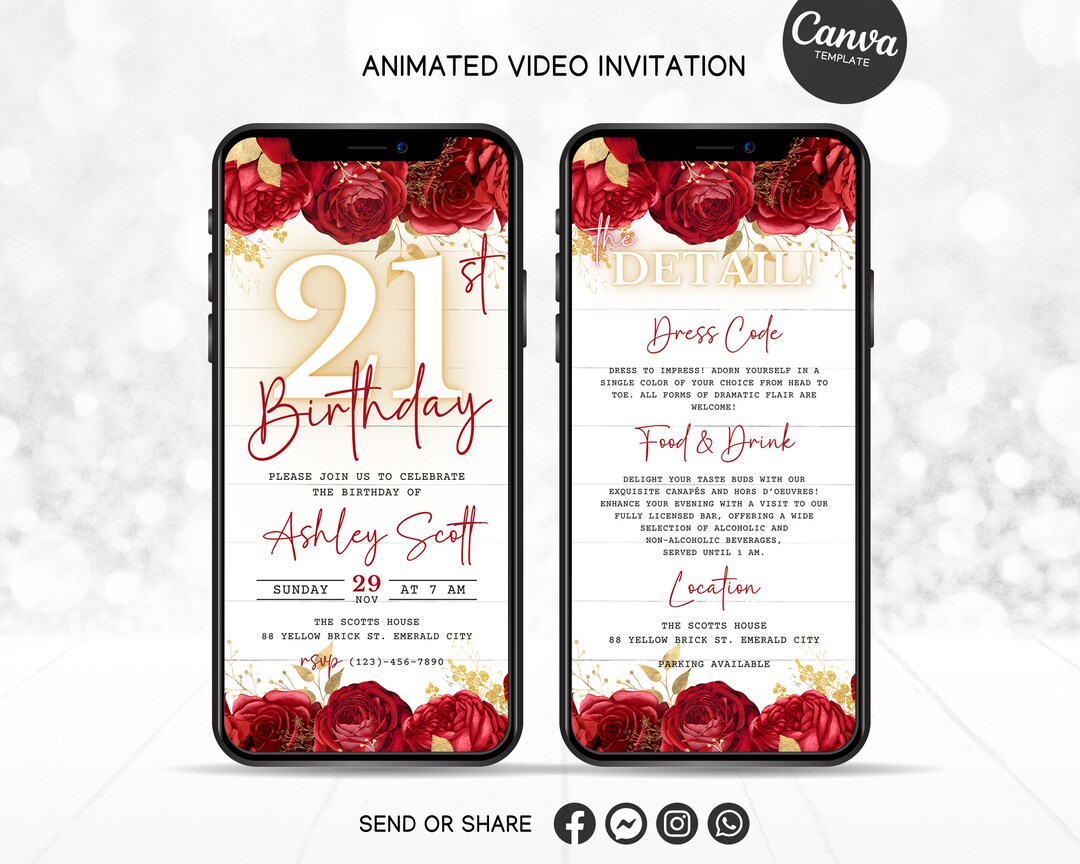 Red Rose Birthday Invitation, 21st Birthday Party Evite, Digital Woman ...