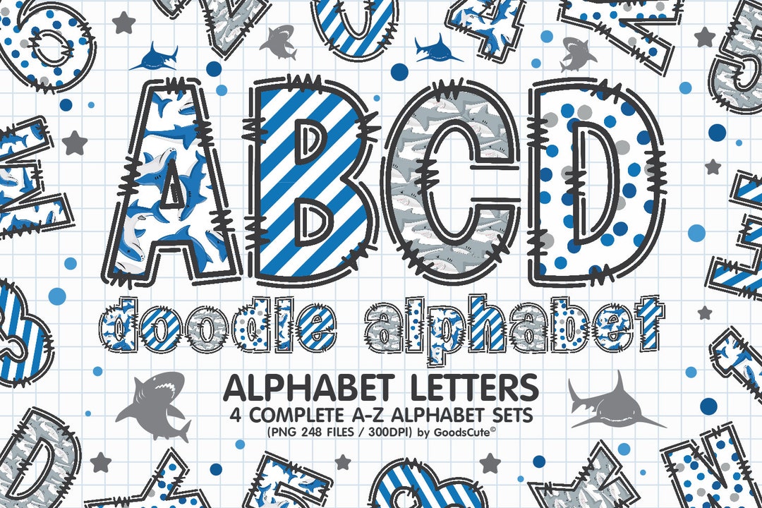 Shark Doodle Alphabet Letters Sublimation Clipart PNG, Number & A-Z ...