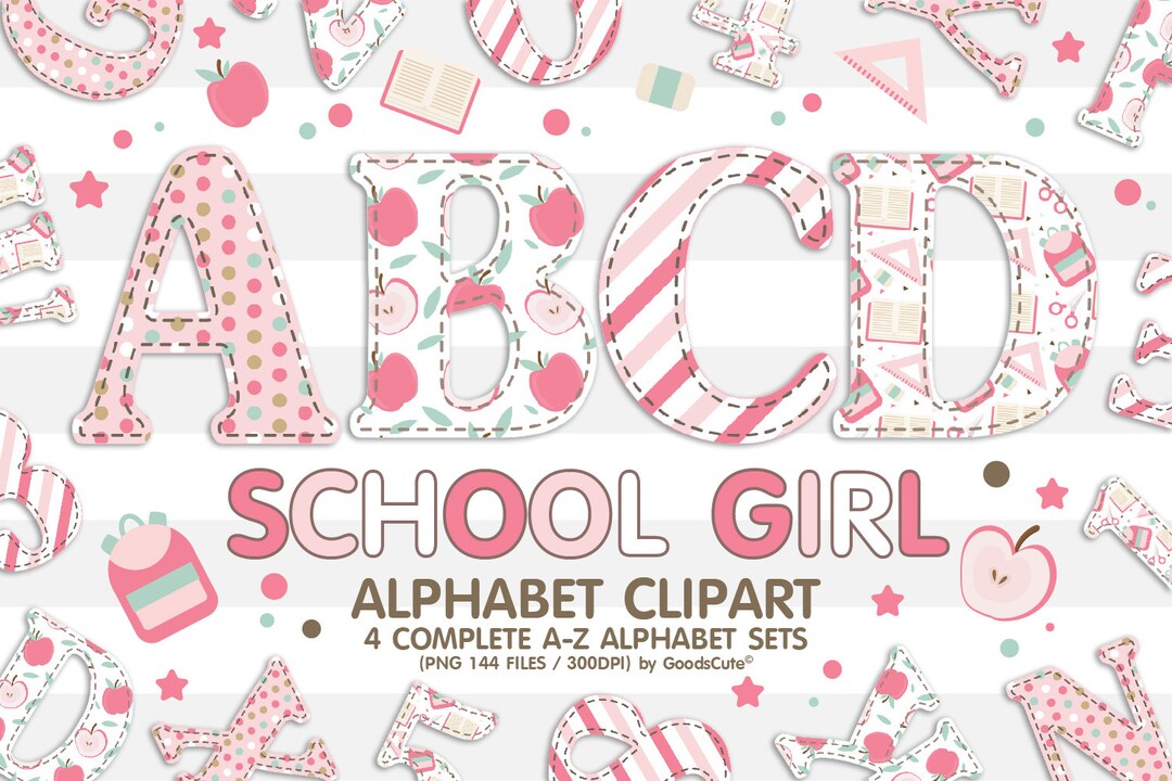 School Gril Doodle Alphabet Sublimation Clipart PNG, Number & A-Z Upper ...