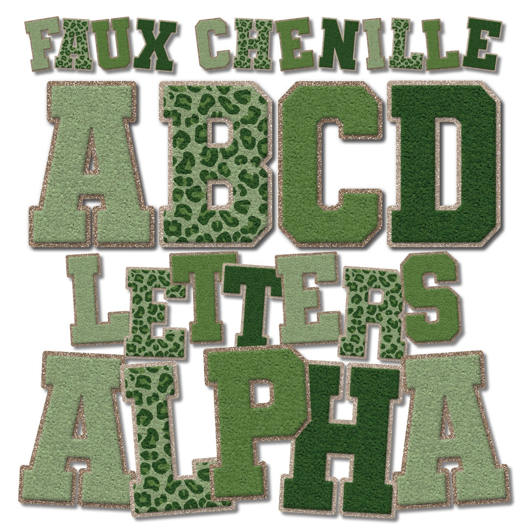 Faux Chenille Letters PNG Bundle, Green Leopard Varsity Letters ...