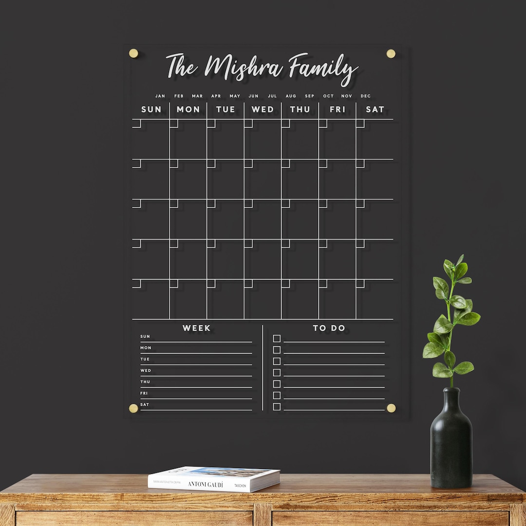 Custom Family Name Acrylic Calendar | White Text Dry Erase Monthly ...
