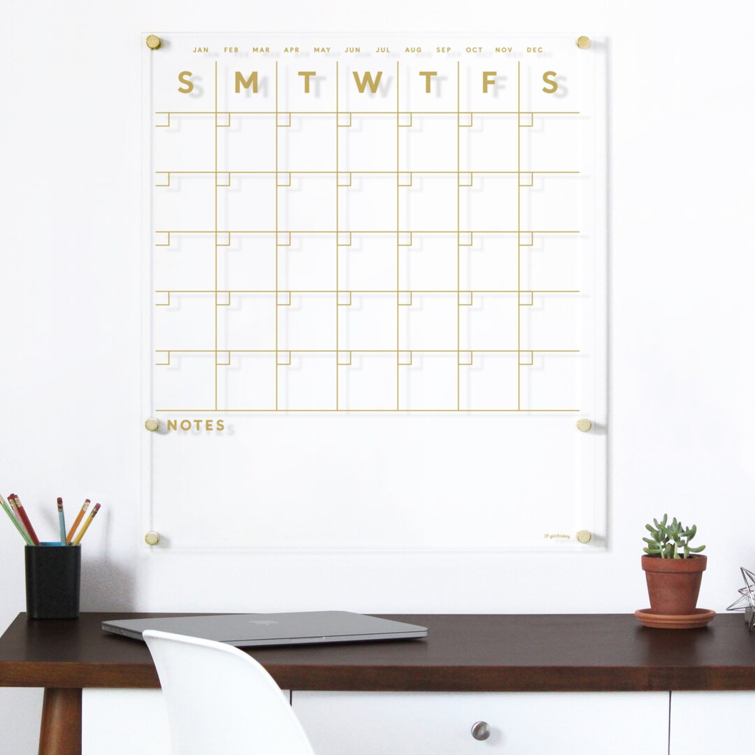 Acrylic Wall Calendar With Gold Text | Clear Dry Erase Calendar ...