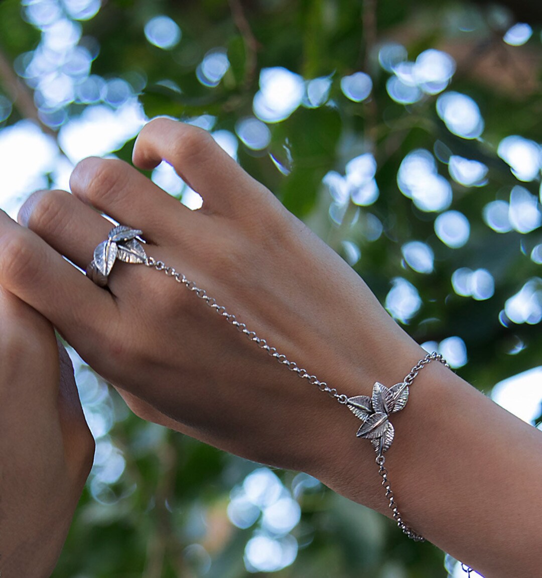 Sterling Silver Hand Chain "leaves" Bracelet Ring Sterling Silver ...