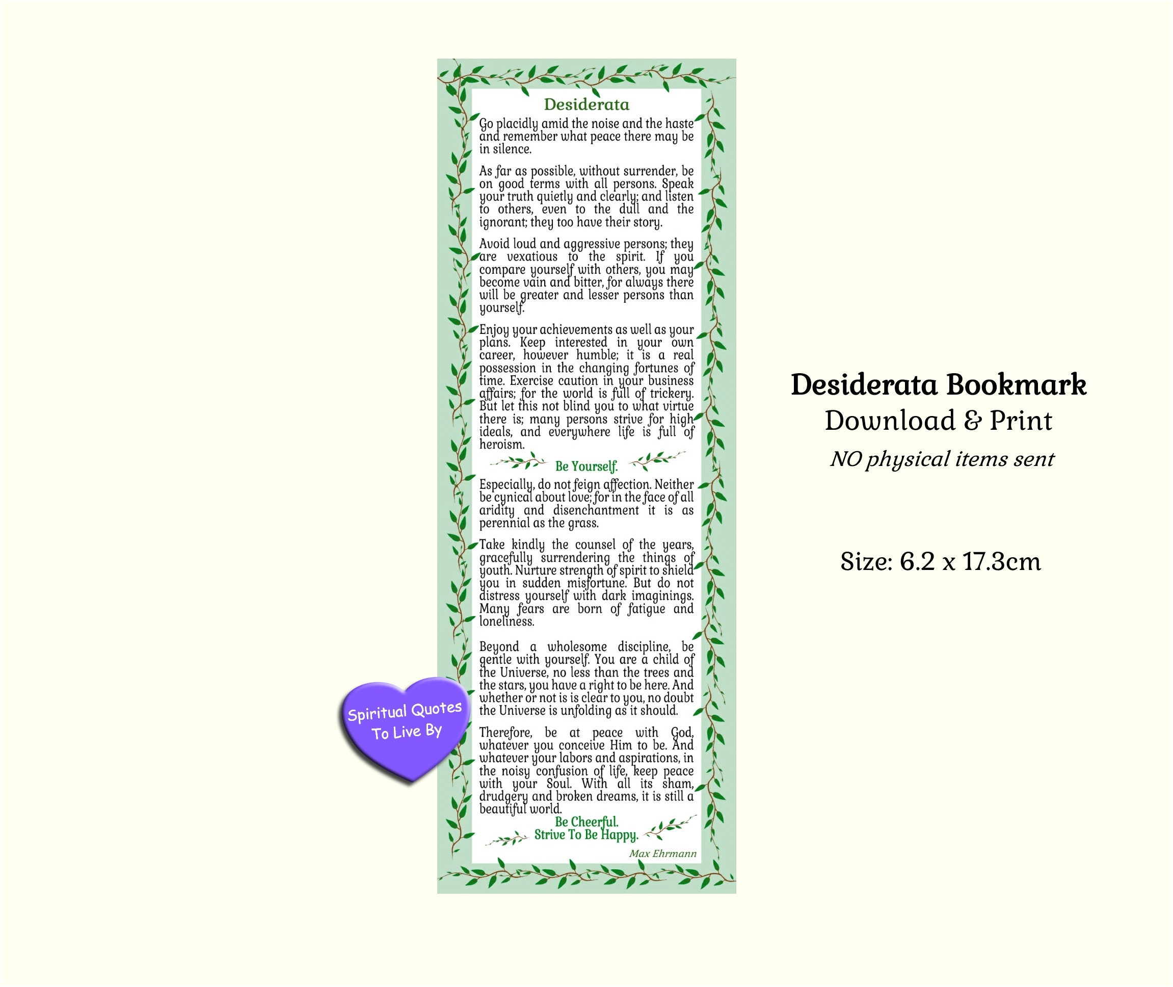Desiderata Print Bookmarks & Small Cards With Green Border to - Etsy UK