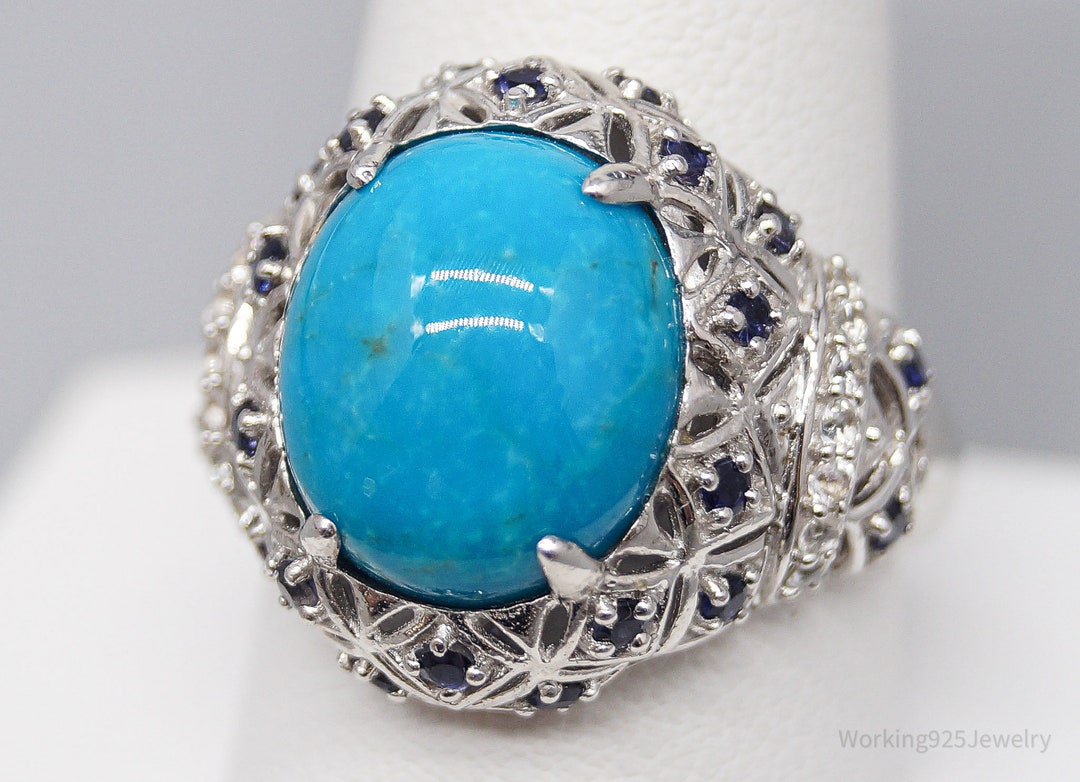 Vintage Turquoise Iolite Cubic Zirconia Sterling Silver Ring - Size 10 ...