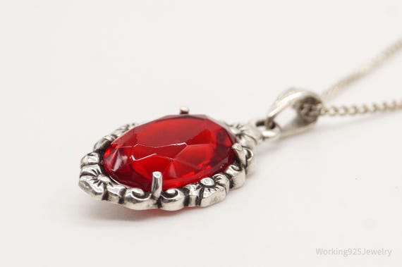 Antique Ruby Color Glass Floral Design 835 Silver Nec… - Gem