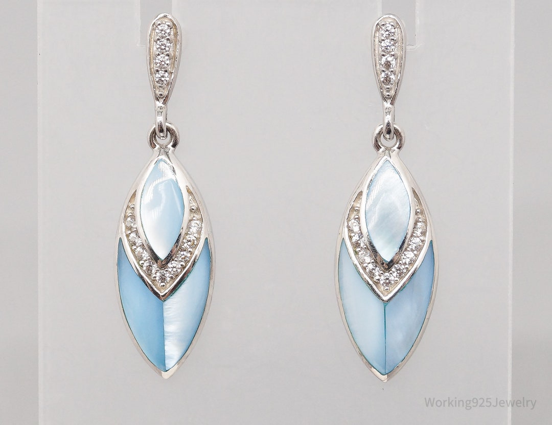 JTV Blue Mother of Pearl & White Zircon Rhodium Over Sterling Silver ...