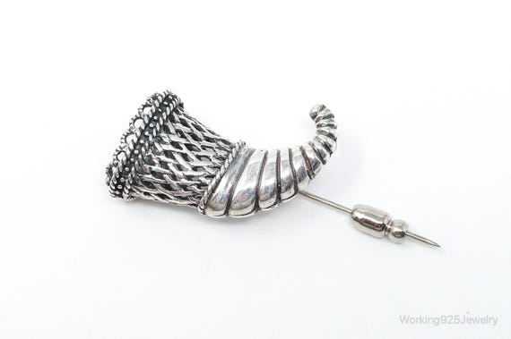 Antique Horn Of Plenty Sterling Silver Brooch Pin - Gem