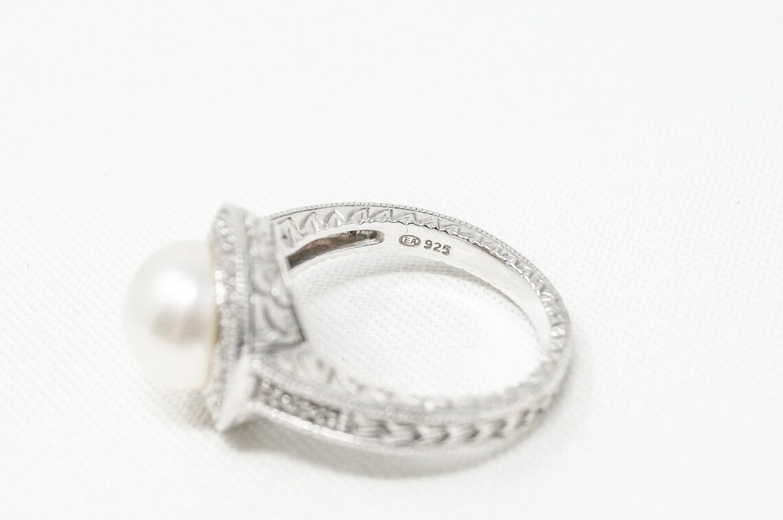 Vintage Designer EA Pearl Cubic Zirconia Sterling Silver Ring - Etsy