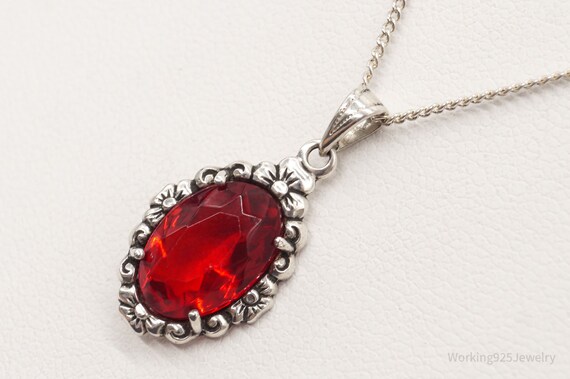 Antique Ruby Color Glass Floral Design 835 Silver Nec… - Gem