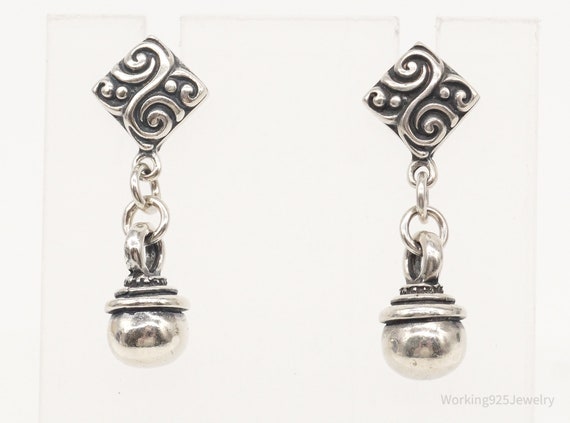 Vintage Bali Inspired Sterling Silver Dangle Earrings - Gem