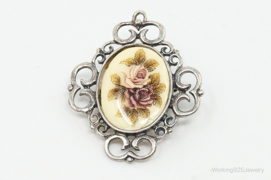 Vintage Designer Jez Flower Cross Stitch Look Picture Sterling Silver ...
