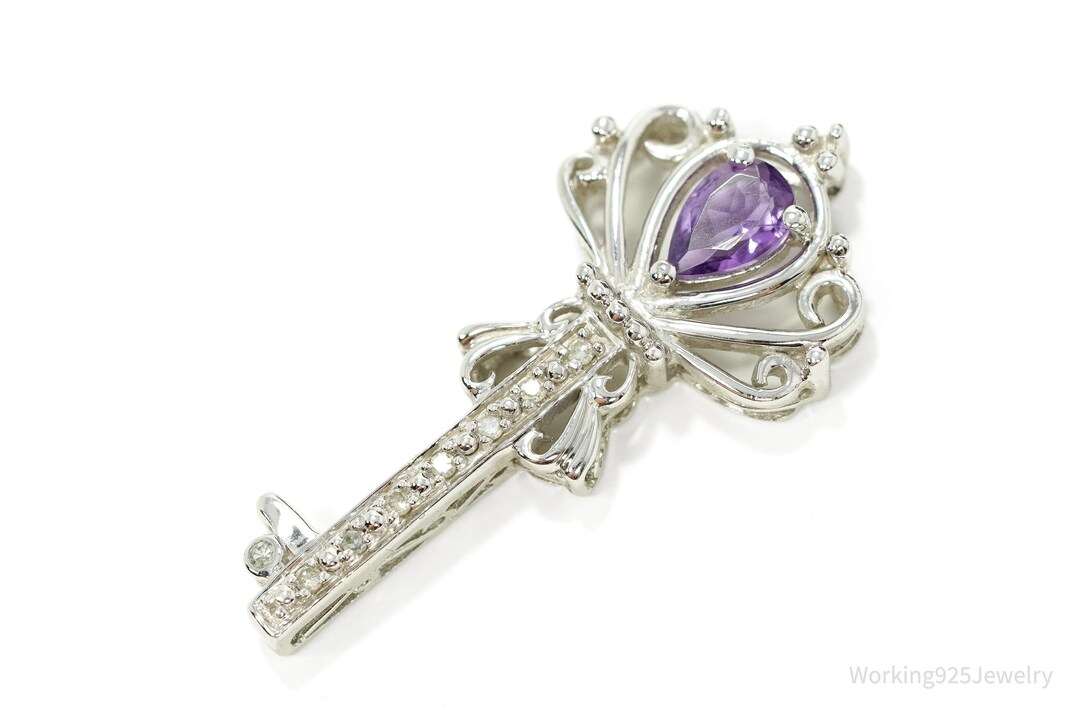Vintage Large Designer Amethyst & Diamond Skelton Key Sterling Silver ...