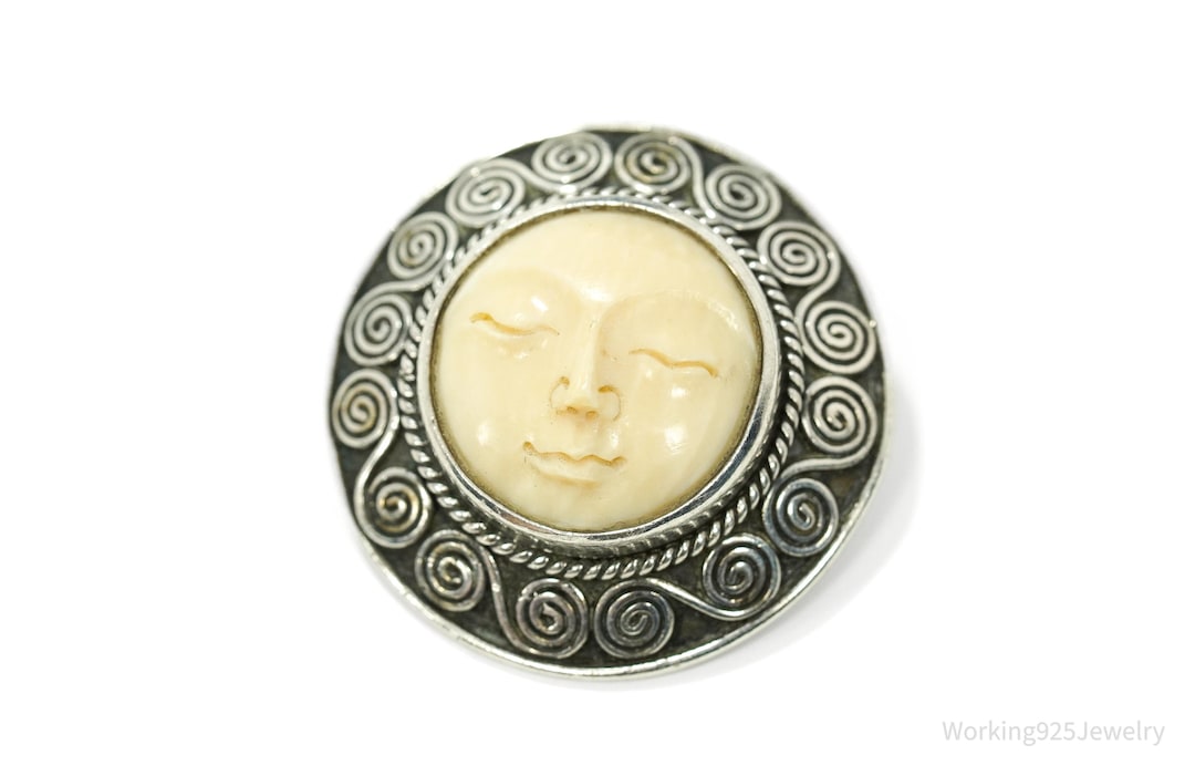 Vintage Carved Sleeping Moon Face Sterling Silver Pendant - Etsy