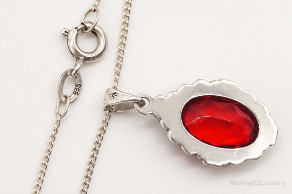 Antique Ruby Color Glass Floral Design 835 Silver Nec… - Gem