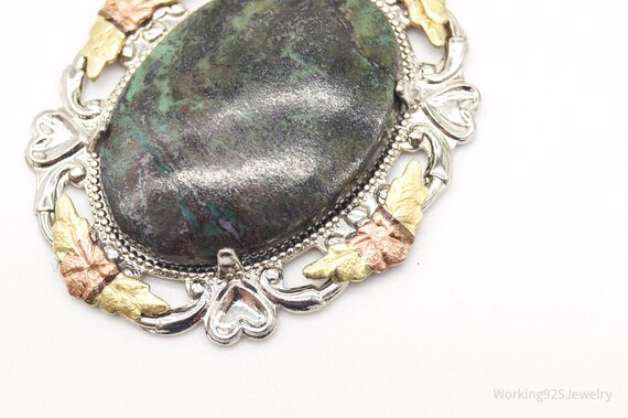Vintage Green Stone 12K Gold Leaves Sterling Silver N… - Gem