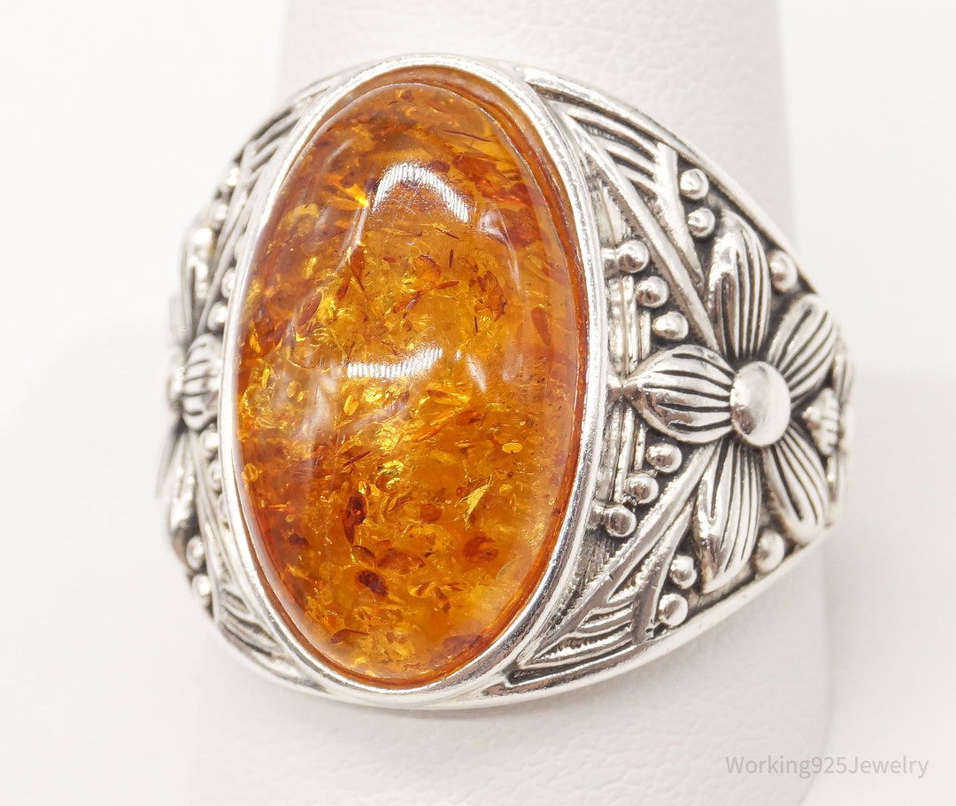 Vintage Designer BBJ Large Amber Sterling Silver Ring - Size 11 - Etsy