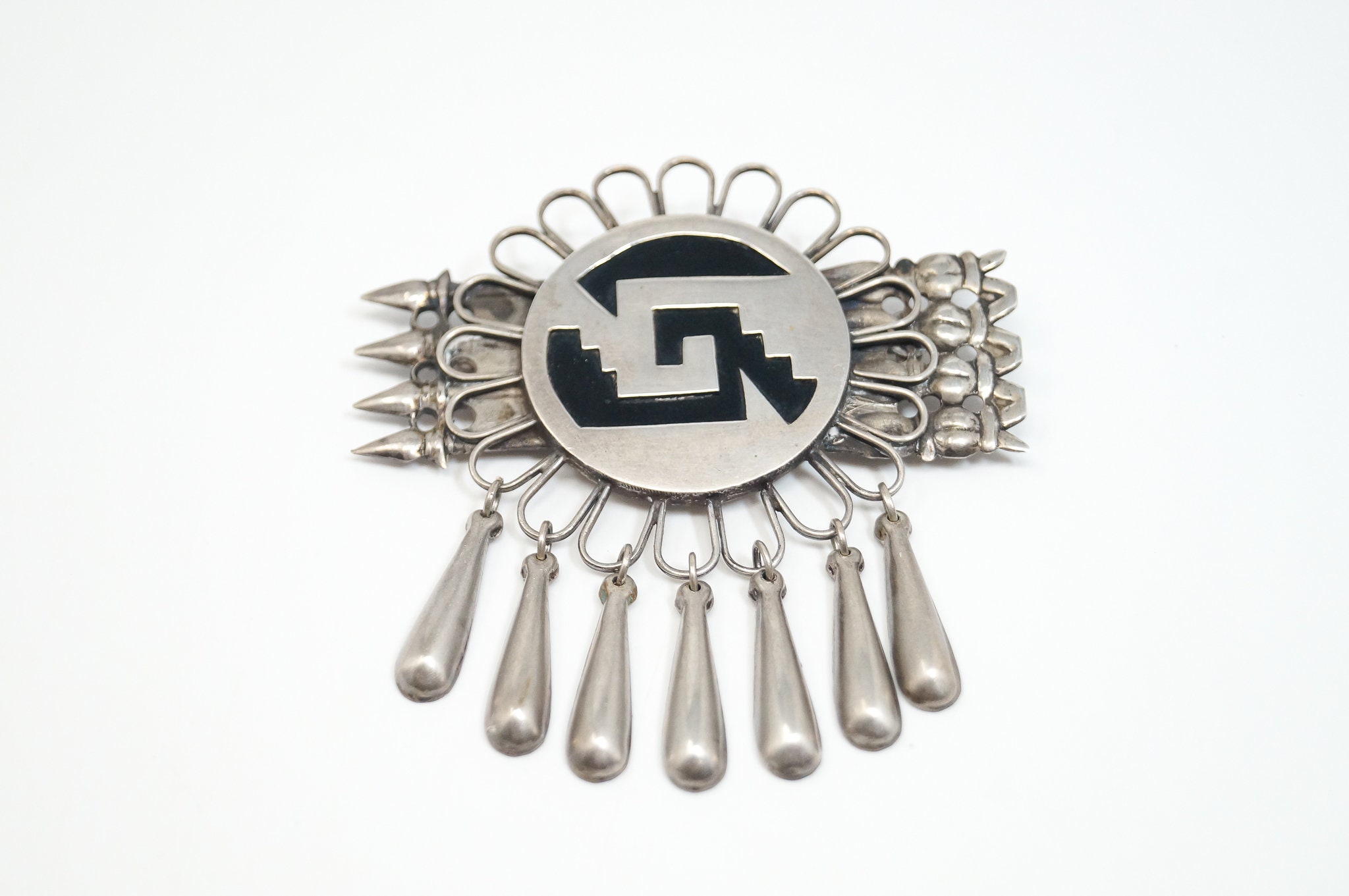 Large Vintage Mexico Handmade Aztec Dangle Silver Brooch Pin - Etsy