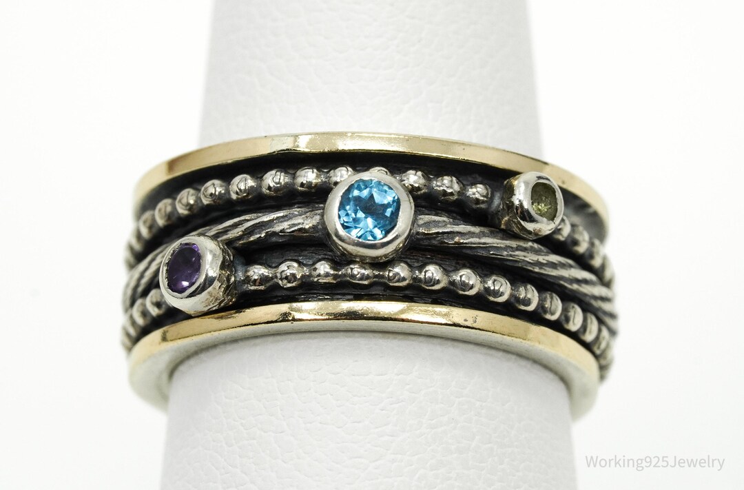 Designer PZ 14K Gold Multi Gem Spinner Sterling Silver Ring - Size 6.5 ...