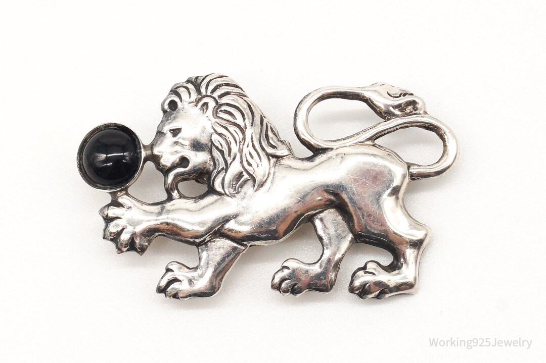 Broche en argent antique boule et lion en onyx noir - Etsy France