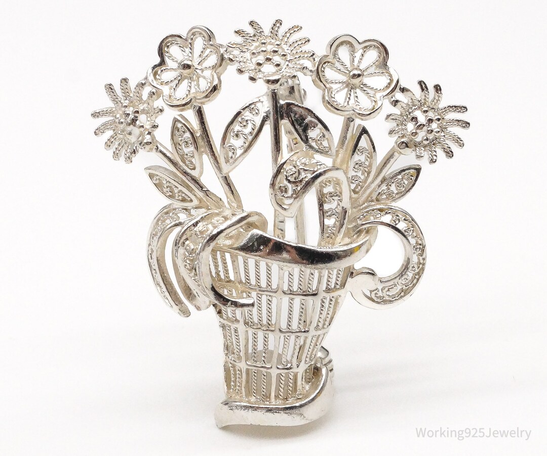 Vintage Mid Century German Sterling Silver Flower Basket Brooch Pin - Etsy