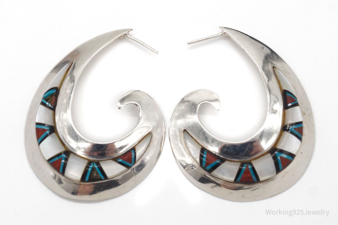 Vintage Native American Multi Gemstone Inlay Sterling Silver Earrings ...