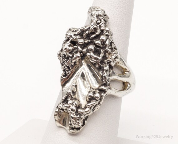 Long Vintage Mid Century Brutalist Silver Ring - Size… - Gem