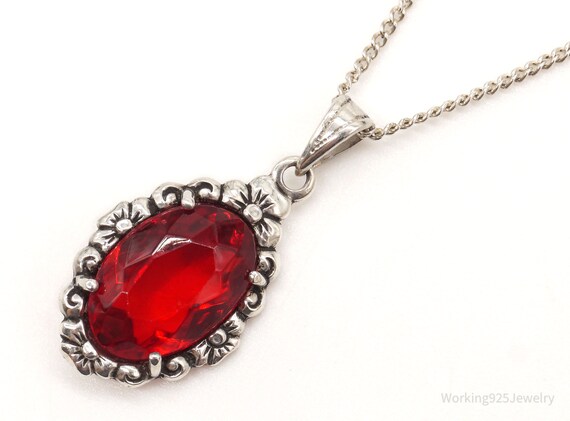 Antique Ruby Color Glass Floral Design 835 Silver Nec… - Gem