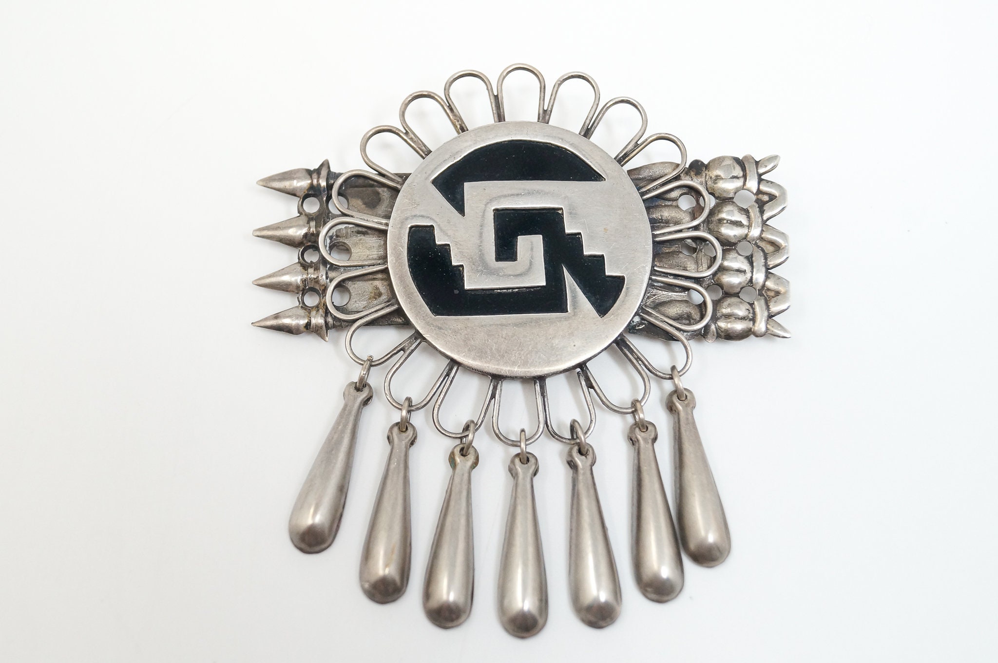 Large Vintage Mexico Handmade Aztec Dangle Silver Brooch Pin - Etsy