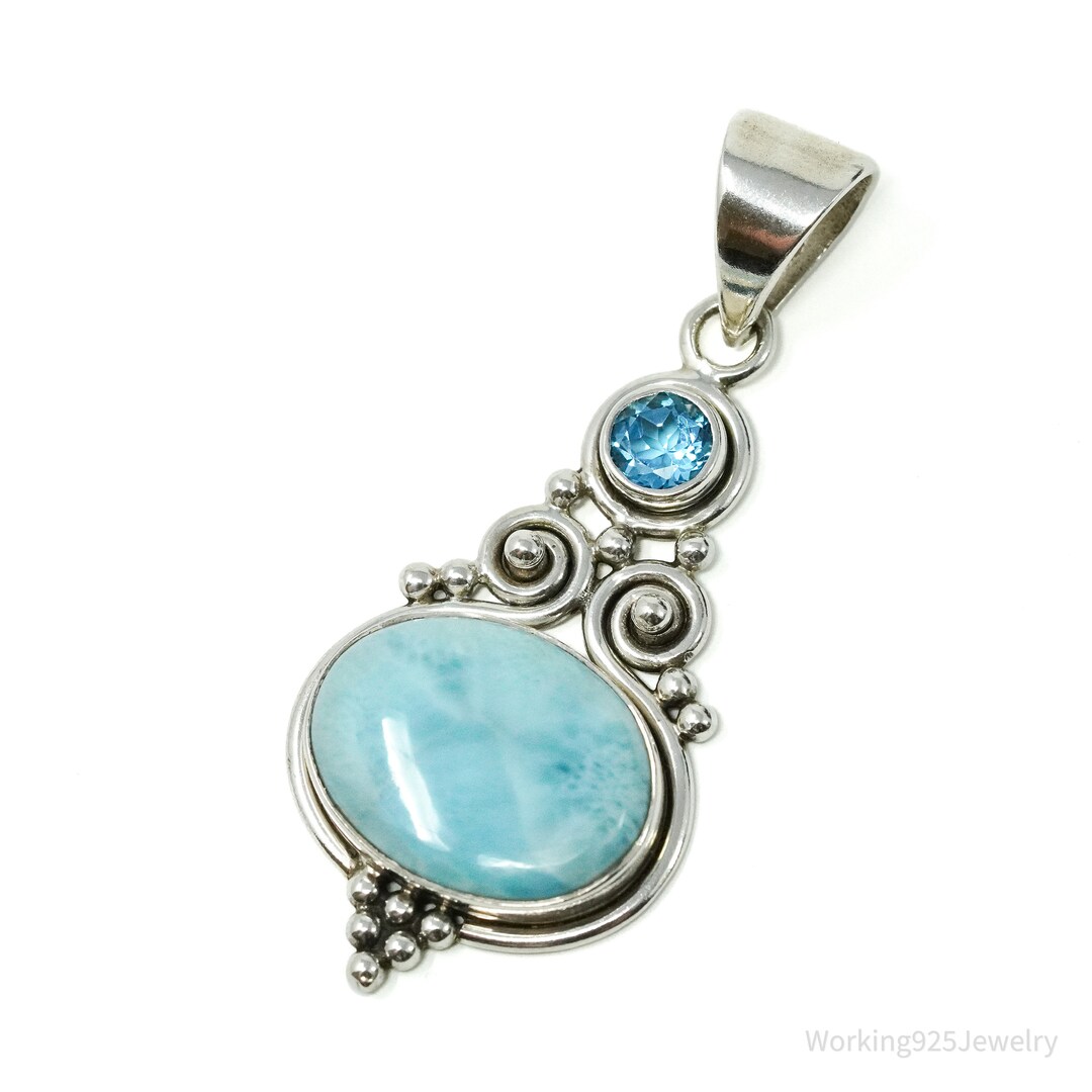 Vintage Designer SJ Blue Larimar & Blue Topaz Sterling Silver Pendant ...