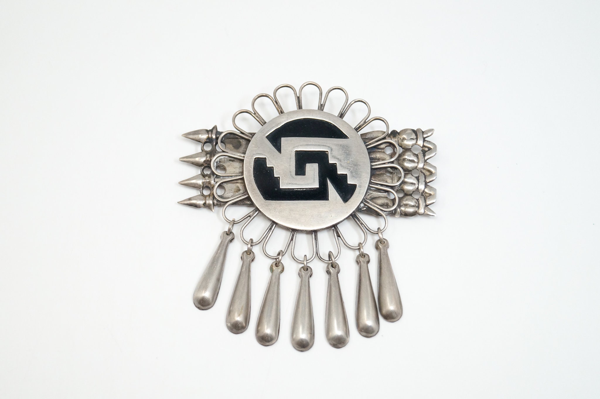 Large Vintage Mexico Handmade Aztec Dangle Silver Brooch Pin - Etsy