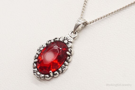 Antique Ruby Color Glass Floral Design 835 Silver Nec… - Gem