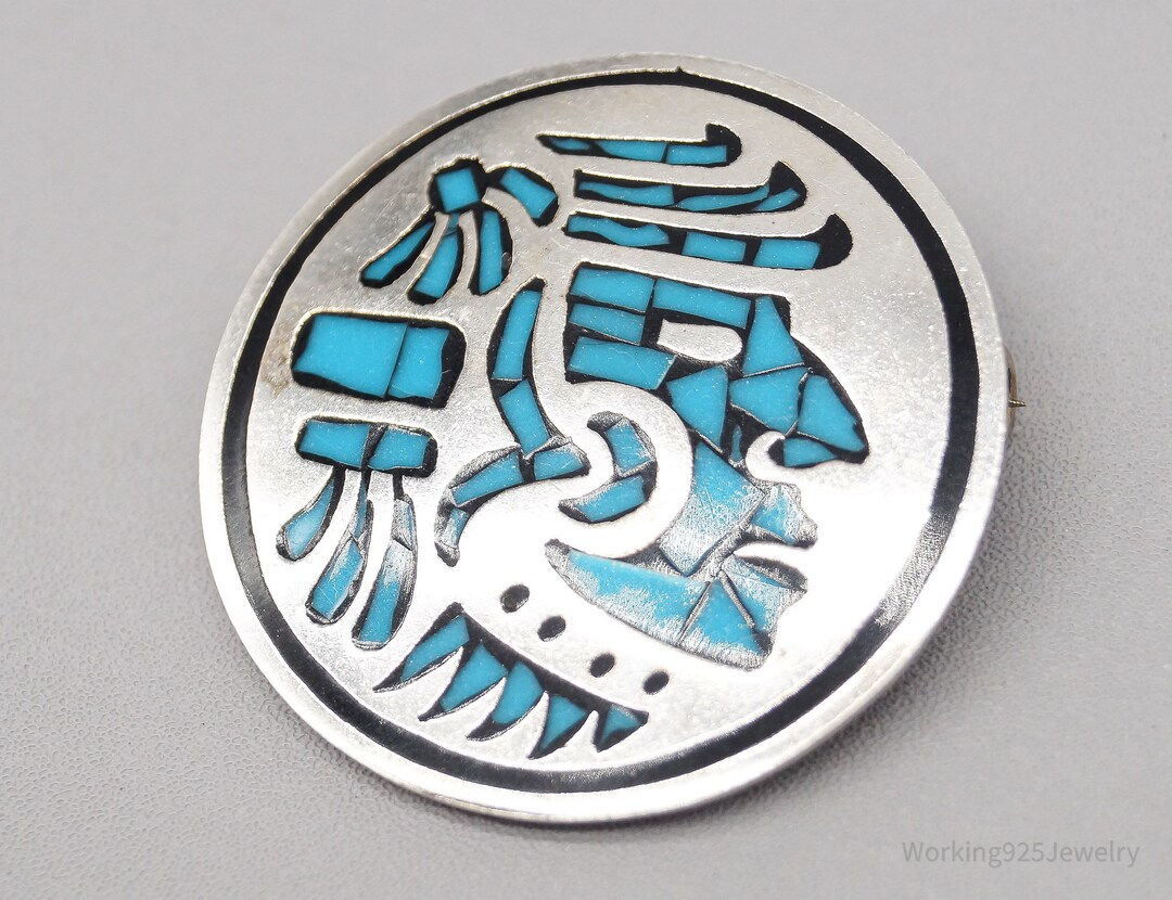 Vintage Mexico Mayan Aztec Warrior Turquoise Inlay Sterling Silver Pin ...