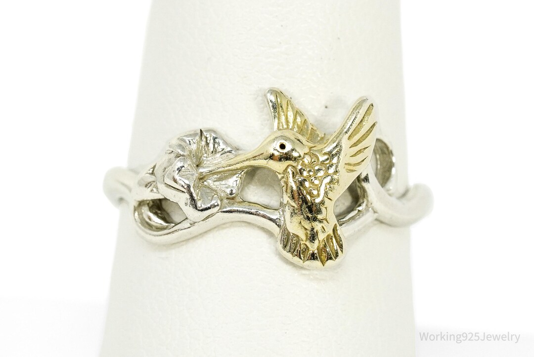 Vintage Gold Vermeil Sterling Silver Humming Bird & Flower Ring - Size ...