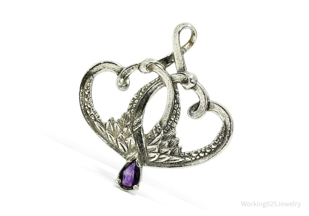 Vintage 1893 GRADH Franklin Mint Double Heart Amethyst Sterling Silver ...