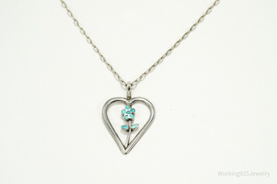 Vintage Turquoise Inlay Flower Heart Sterling Silver … - Gem