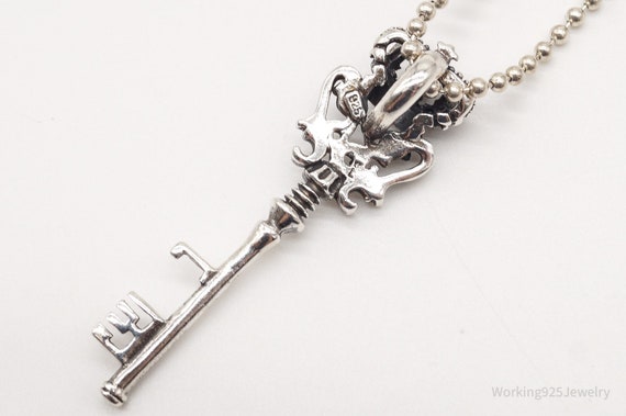 Vintage Kings Queens Crown Key Sterling Silver Neckla… - Gem